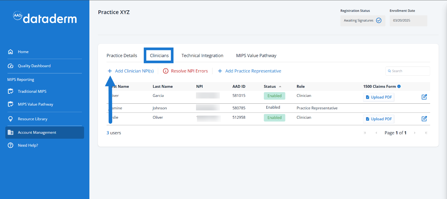 How to add/disable clinicians in DataDerm – AAD - Registry & Quality