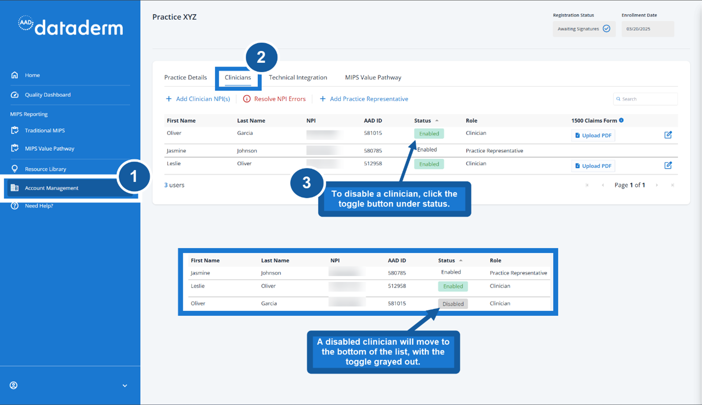 How to add/disable clinicians in DataDerm – AAD - Registry & Quality